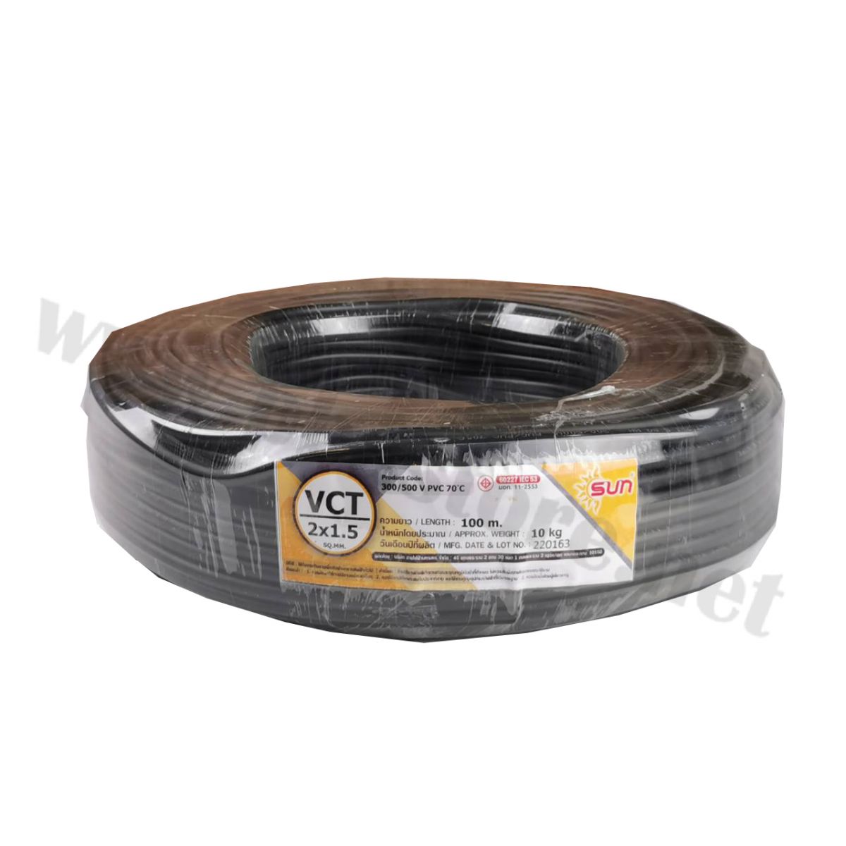 สายไฟ VCT 2x1.5 SQ.MM. สีดำ 100เมตร SUN ทนแรงดันที่ 300/500V ทนอุณหภูมิได้ 70องศาเซลเซียส ใช้สำ ...